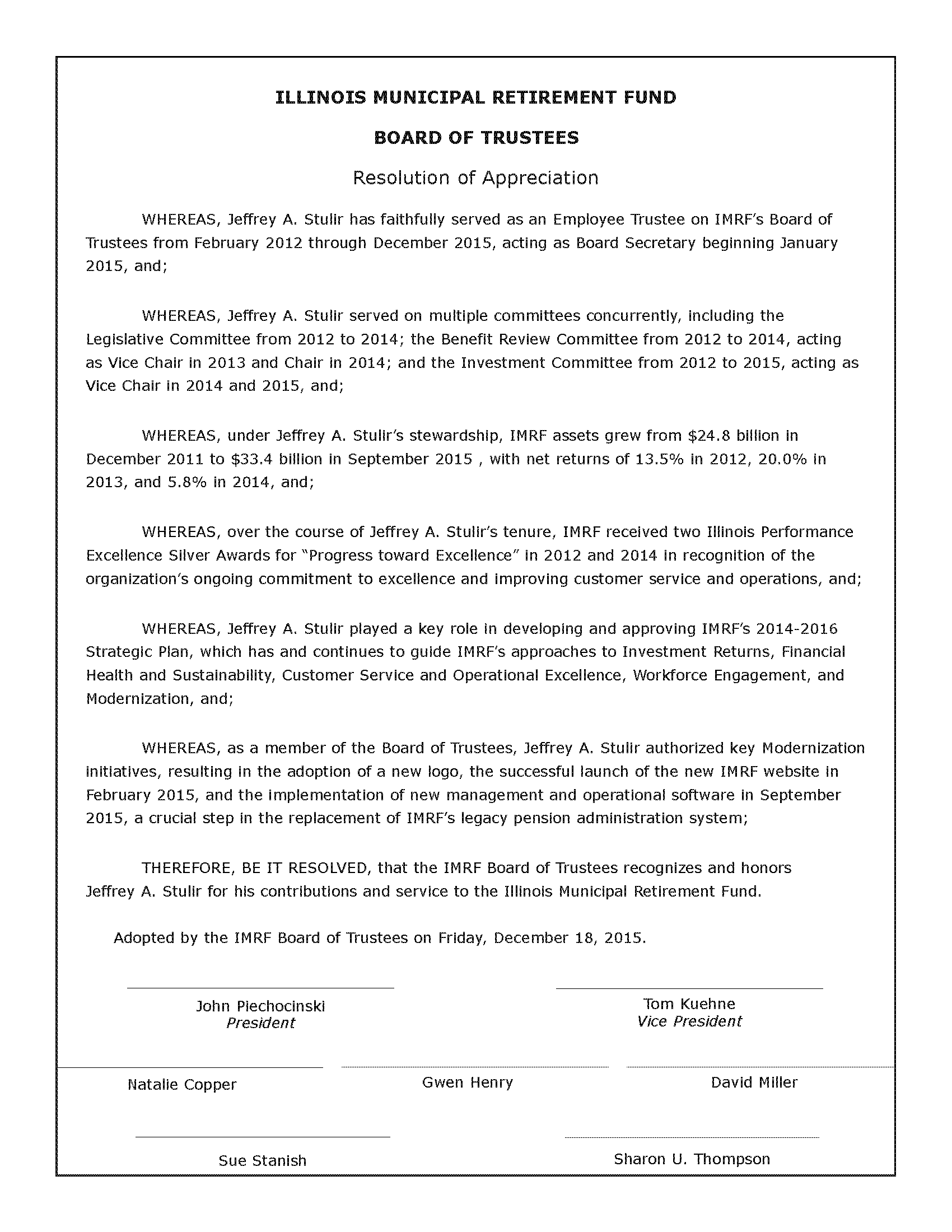 IMRF Thanks Jeffrey A. Stulir